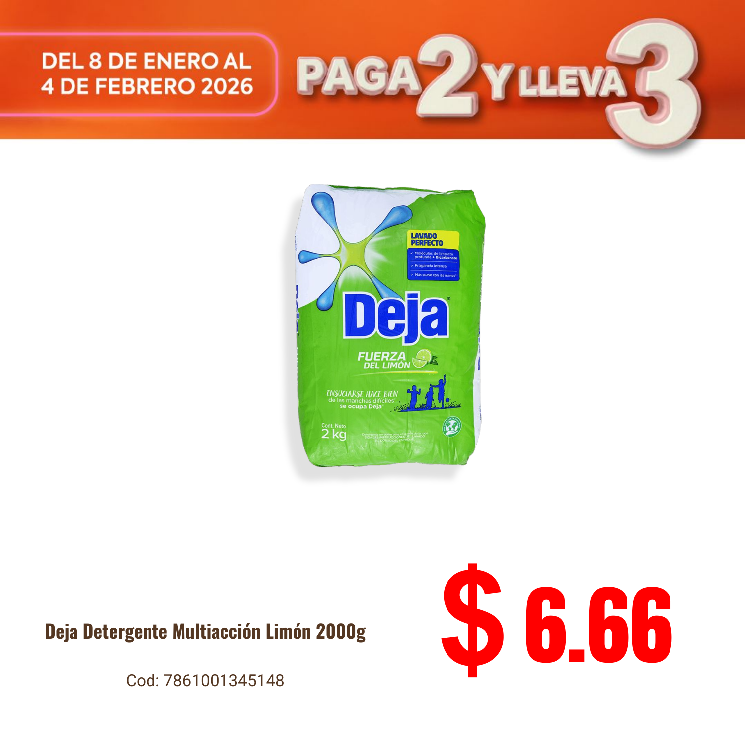 Detergente En Polvo Lavado Perfecto Limón + Bicarbonato DEJA 2 Kg ...